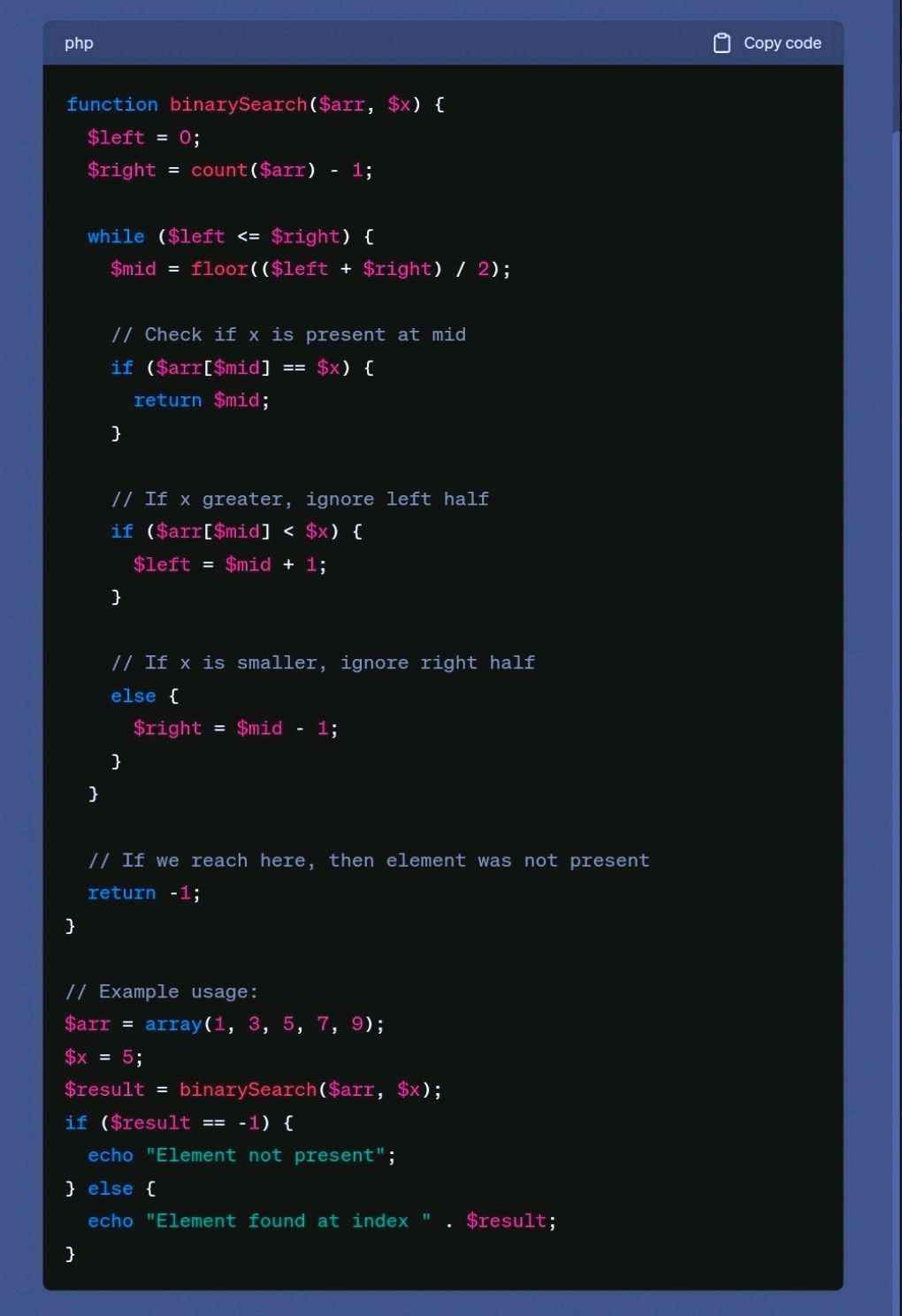 Punit Mevada on LinkedIn: Binary search algorithm in PHP: Punit Mevada on LinkedIn: Binary search algorithm in PHP: