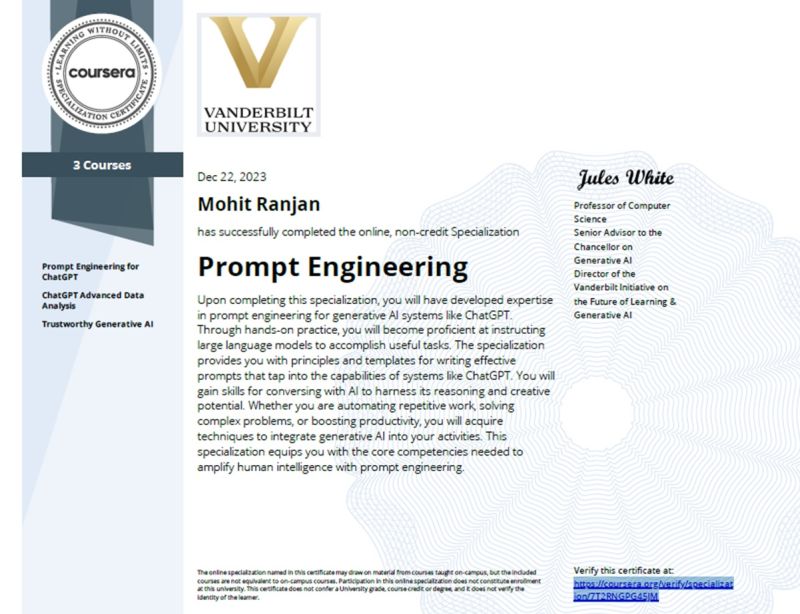 Completed a course on Prompt Engineering for ChatGPT | Mohit Ranjan ... Completed a course on Prompt Engineering for ChatGPT | Mohit Ranjan ...