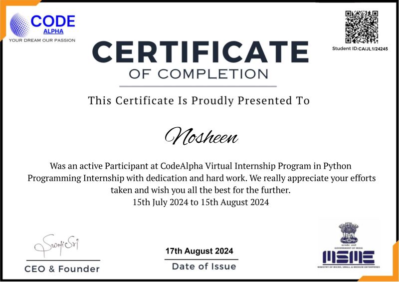 Nosheen Fatima on LinkedIn: #internship #python #programming #codealpha ... Nosheen Fatima on LinkedIn: #internship #python #programming #codealpha ...