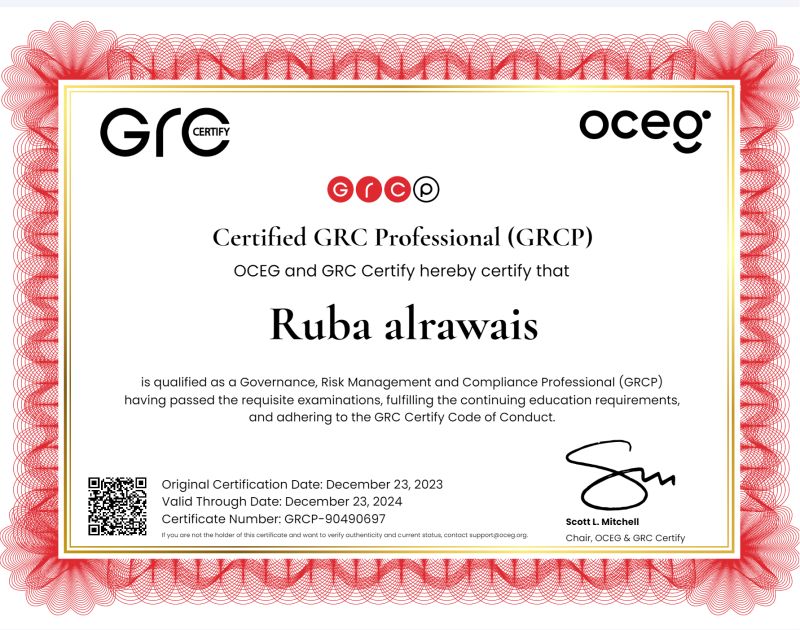 Ruba Alrawais on LinkedIn: #grc #certification #oceg Ruba Alrawais on LinkedIn: #grc #certification #oceg