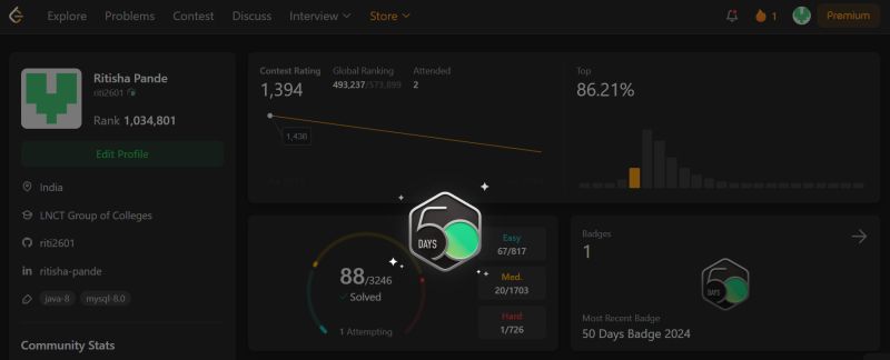 Passed 50 Days of Coding on LeetCode | Ritisha Pande posted on the ... Passed 50 Days of Coding on LeetCode | Ritisha Pande posted on the ...