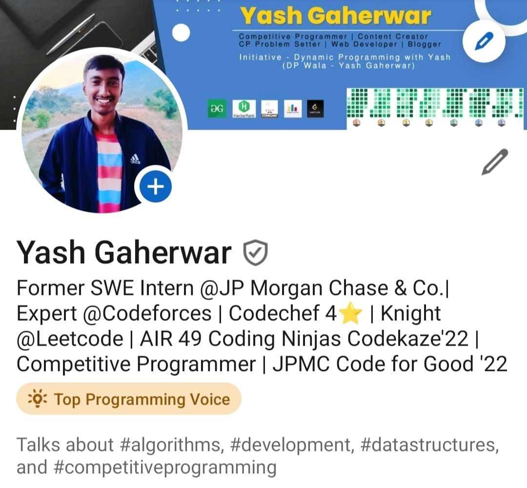 Recognized as a top programmer by LinkedIn | Yash Gaherwar posted on ... Recognized as a top programmer by LinkedIn | Yash Gaherwar posted on ...