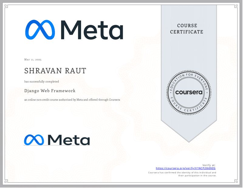 #django #python #webdevelopment #meta #coursera #coding | SHRAVAN RAUT #django #python #webdevelopment #meta #coursera #coding | SHRAVAN RAUT