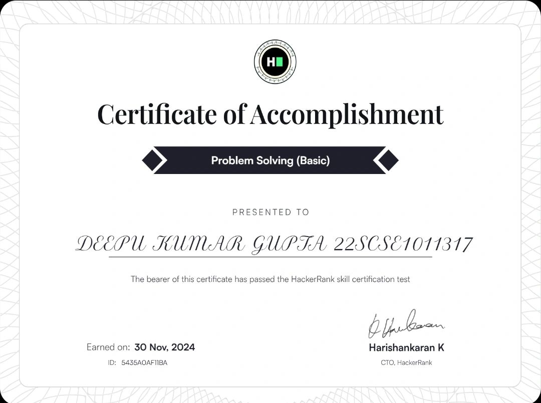 This is a certificate of accomplishment from HackerRank. | Deepu Kumar ... This is a certificate of accomplishment from HackerRank. | Deepu Kumar ...