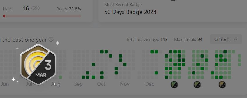 Hi, guys i have recieved leetcode March badge. one more milestone in ... Hi, guys i have recieved leetcode March badge. one more milestone in ...