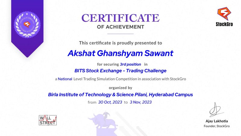 Thrilled to share that I secured the third position in the BITS Stock ... Thrilled to share that I secured the third position in the BITS Stock ...