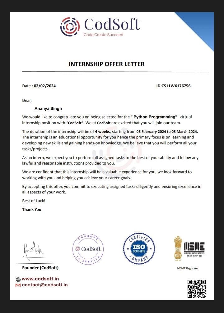Ananya Singh on LinkedIn: #codsoftinternship #codsoft Ananya Singh on LinkedIn: #codsoftinternship #codsoft