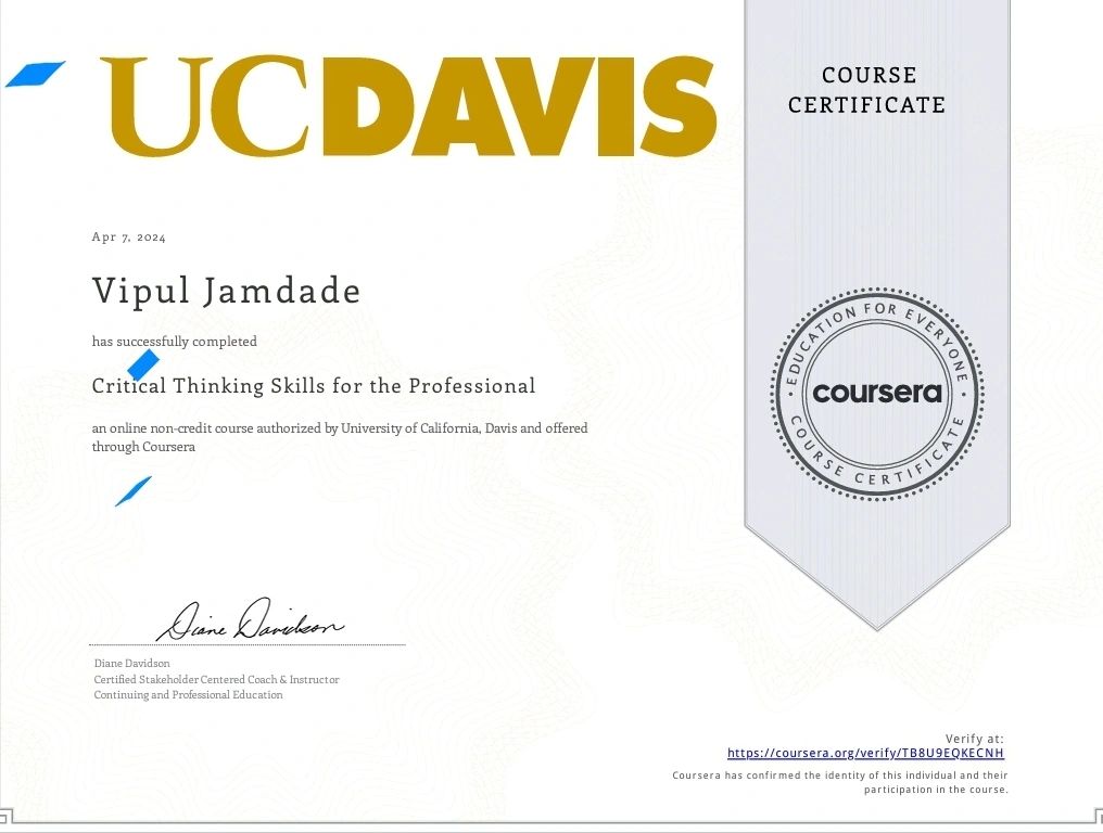 Vipul Jamdade on LinkedIn: Completion certificate for Critical Thinking ... Vipul Jamdade on LinkedIn: Completion certificate for Critical Thinking ...