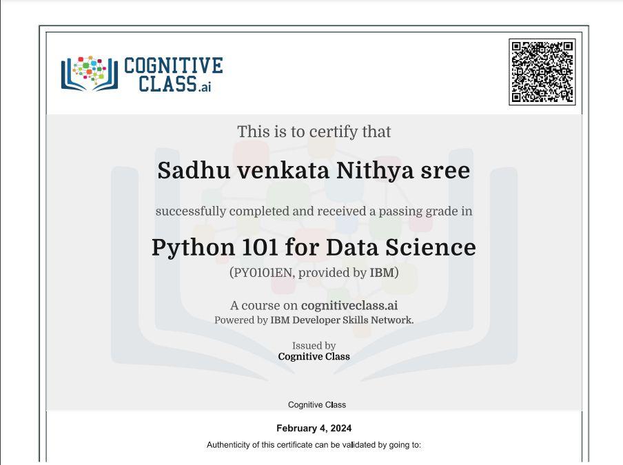 Sadhu Venkata Nithya Sree on LinkedIn: I completed the Python 101 for ... Sadhu Venkata Nithya Sree on LinkedIn: I completed the Python 101 for ...