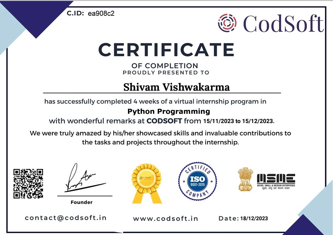 Shivam Vishwakarma on LinkedIn: #coding #codesoft #codesoftinternship # ... Shivam Vishwakarma on LinkedIn: #coding #codesoft #codesoftinternship # ...