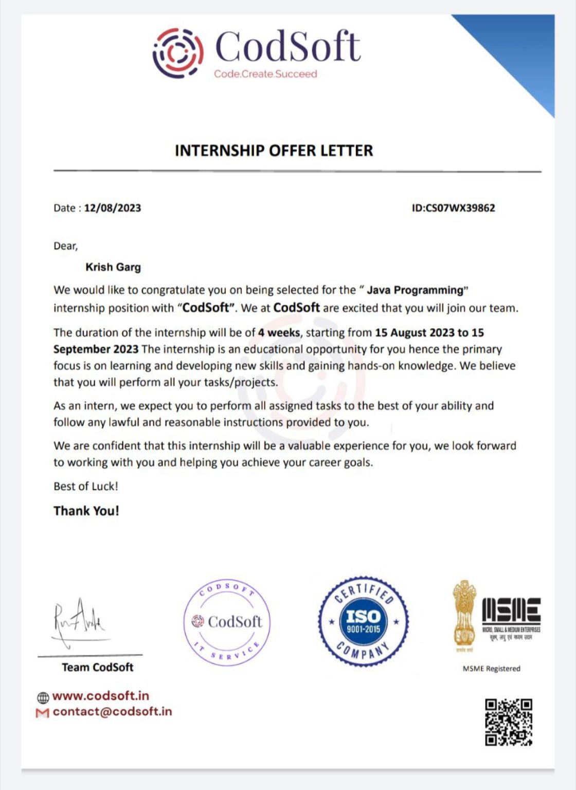 Krish Garg on LinkedIn: #codsoft #codsoftinternship #java #programming Krish Garg on LinkedIn: #codsoft #codsoftinternship #java #programming