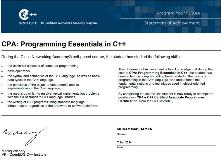 Mohammad Hamza on LinkedIn: #certificationcompleted #cplusplus # ... Mohammad Hamza on LinkedIn: #certificationcompleted #cplusplus # ...
