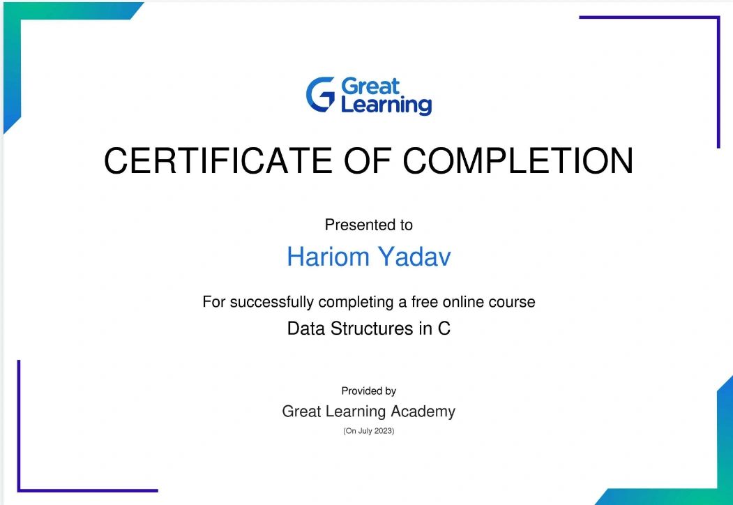 Completed Data Structures in C course | Hariom Yadav posted on the ... Completed Data Structures in C course | Hariom Yadav posted on the ...