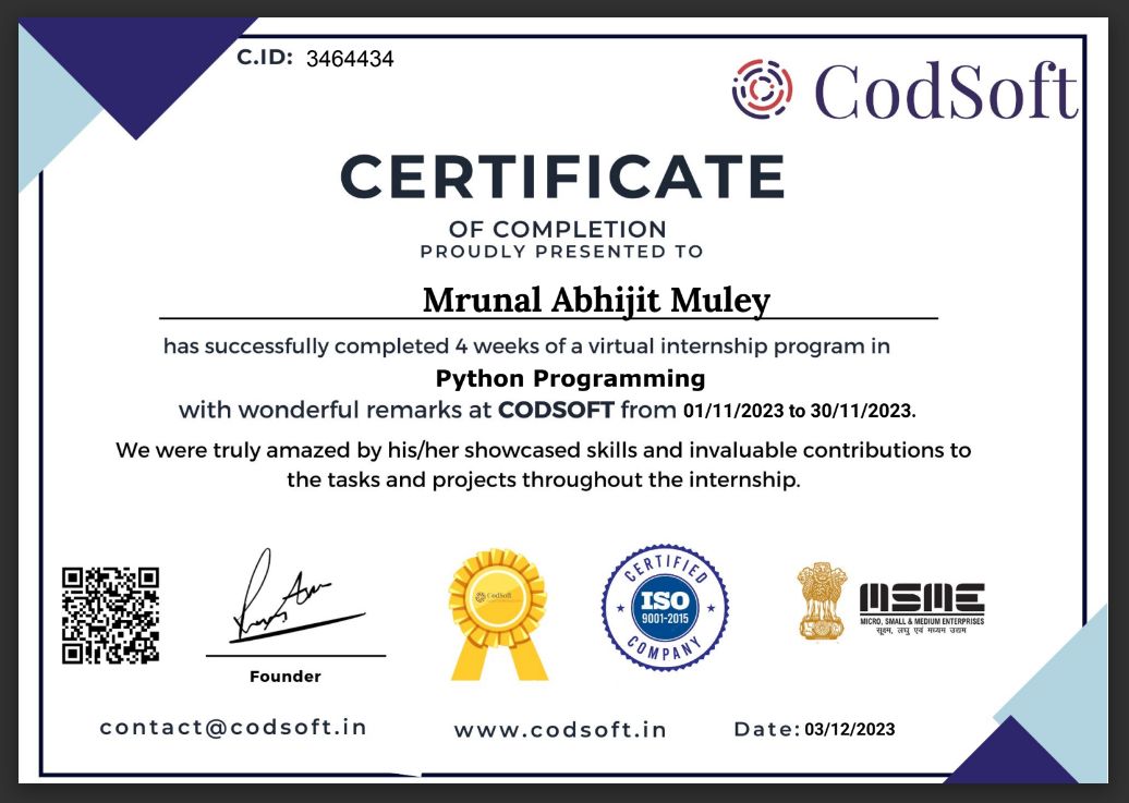Mrunal Abhijit Muley on LinkedIn: #pythonprogramming #internship # ... Mrunal Abhijit Muley on LinkedIn: #pythonprogramming #internship # ...