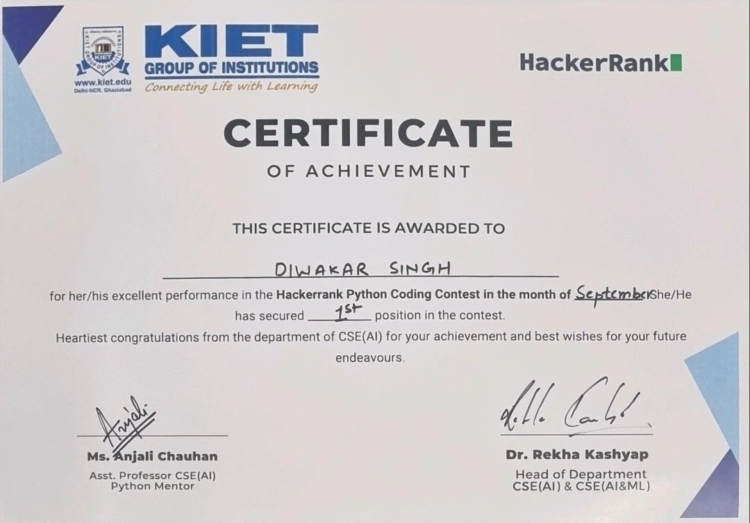 Diwakar Singh on LinkedIn: #pythoncodingchampion #codingcompetitionwinner Diwakar Singh on LinkedIn: #pythoncodingchampion #codingcompetitionwinner