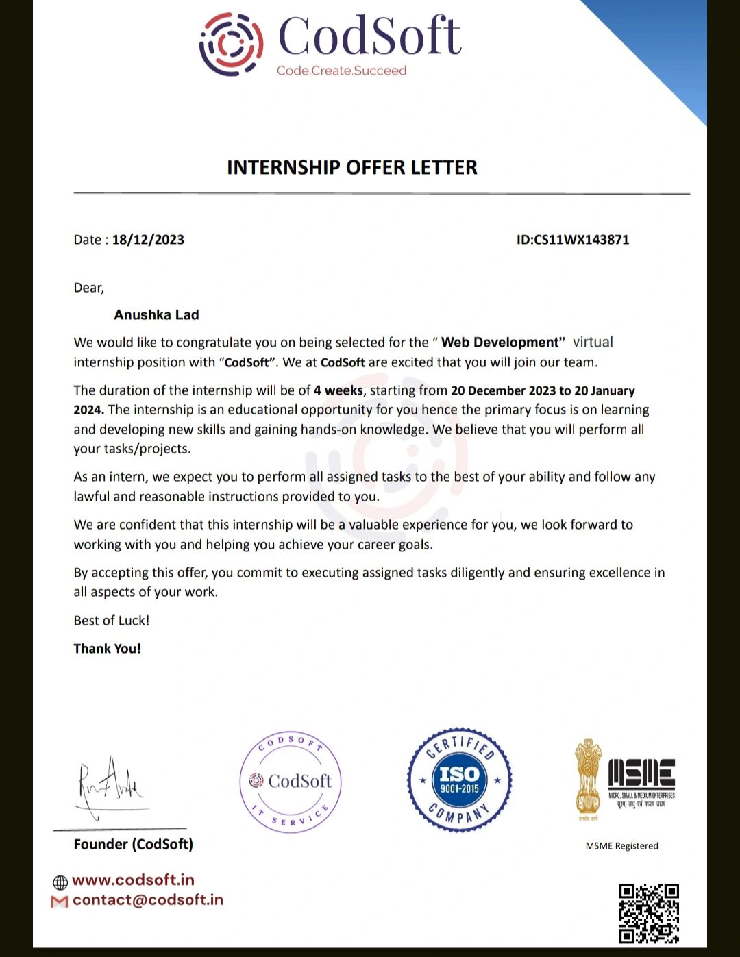 Anushka Lad on LinkedIn: #codsoft #codsoftinternship #webdevelopment # ... Anushka Lad on LinkedIn: #codsoft #codsoftinternship #webdevelopment # ...