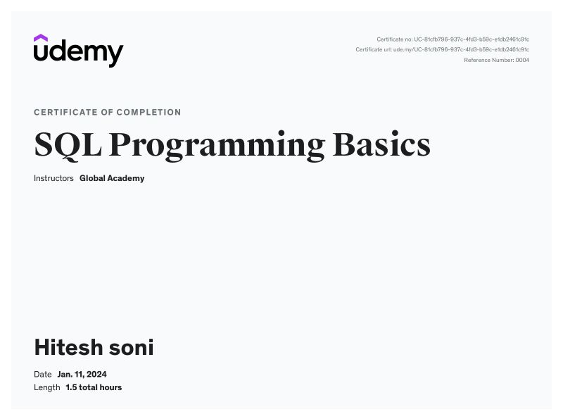 Hitesh Soni on LinkedIn: Completed SQL Programming Basics Hitesh Soni on LinkedIn: Completed SQL Programming Basics