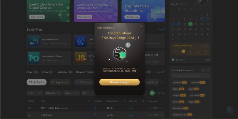 Achieved 50-day streak on LeetCode | Sri Jai Akash T posted on the ... Achieved 50-day streak on LeetCode | Sri Jai Akash T posted on the ...