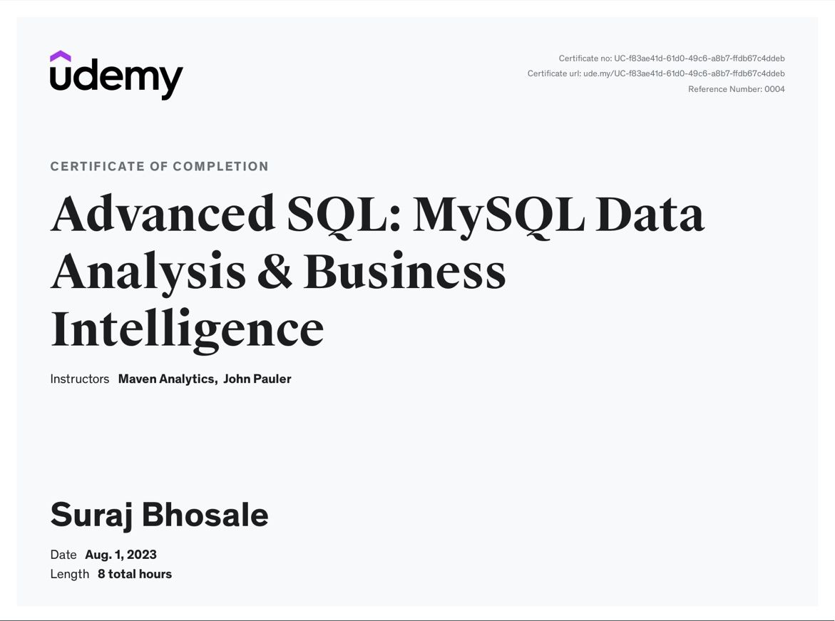 Suraj Bhosale on LinkedIn: 🔗completed the “Advanced SQL: MySQL Data ... Suraj Bhosale on LinkedIn: 🔗completed the “Advanced SQL: MySQL Data ...