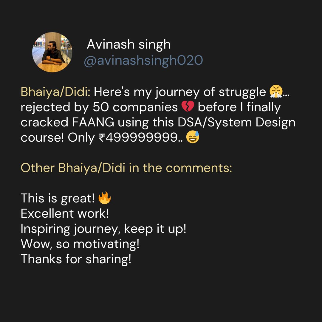 Avinash Singh on LinkedIn: #linkedin #dsa #systemdesign #bhaiyadidi # ... Avinash Singh on LinkedIn: #linkedin #dsa #systemdesign #bhaiyadidi # ...