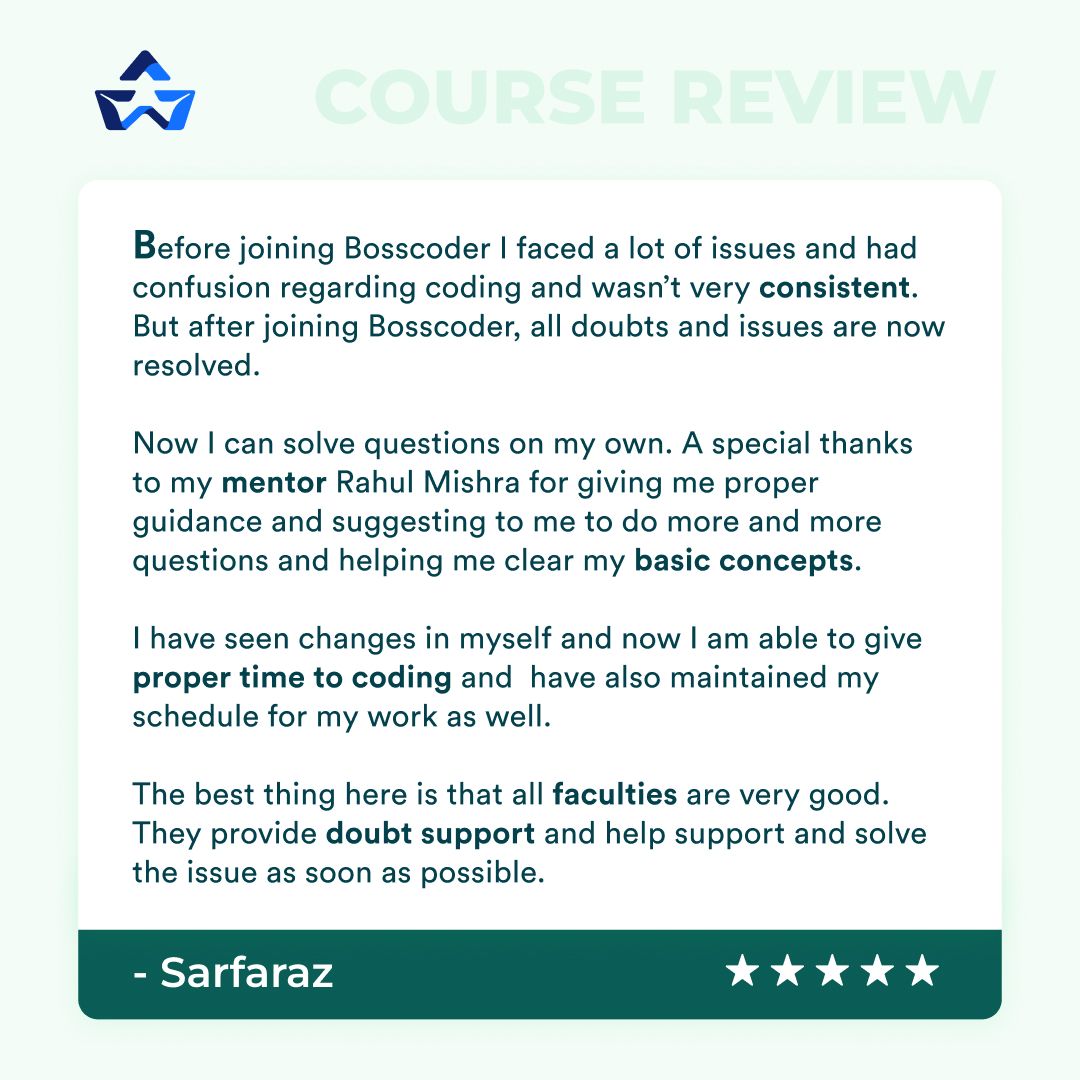 Bosscoder Academy on LinkedIn: #bosscoderacademy #coursereview #programmer Bosscoder Academy on LinkedIn: #bosscoderacademy #coursereview #programmer