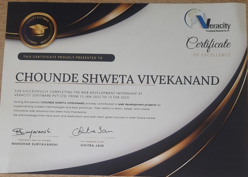 Internship Certificate 👩💻 | Shweta chounde Internship Certificate 👩💻 | Shweta chounde
