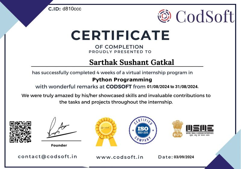 Sarthak Gatkal on LinkedIn: #python #internship #coding # ... Sarthak Gatkal on LinkedIn: #python #internship #coding # ...