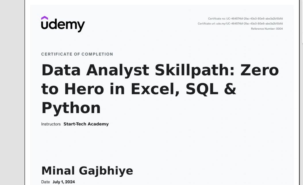 Minal Gajbhiye on LinkedIn: #dataanalysis #excel #sql #python #udemy # ... Minal Gajbhiye on LinkedIn: #dataanalysis #excel #sql #python #udemy # ...