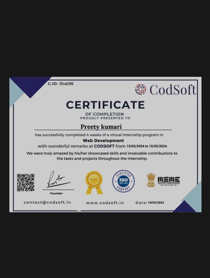 Preety Kumari on LinkedIn: #webdevelopment #internship #codsoft # ... Preety Kumari on LinkedIn: #webdevelopment #internship #codsoft # ...