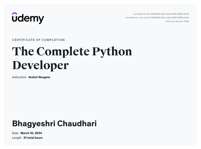Completed Python Developer course | Bhagyeshri Deepak Chaudhari posted ... Completed Python Developer course | Bhagyeshri Deepak Chaudhari posted ...