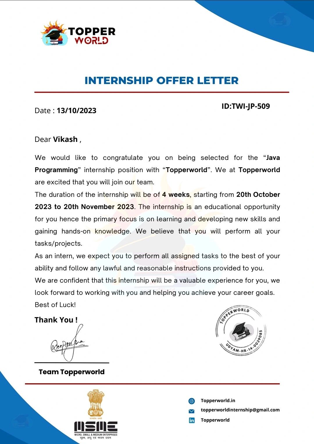 VIKASH . on LinkedIn: #topperworldinternship #internship # ... VIKASH . on LinkedIn: #topperworldinternship #internship # ...