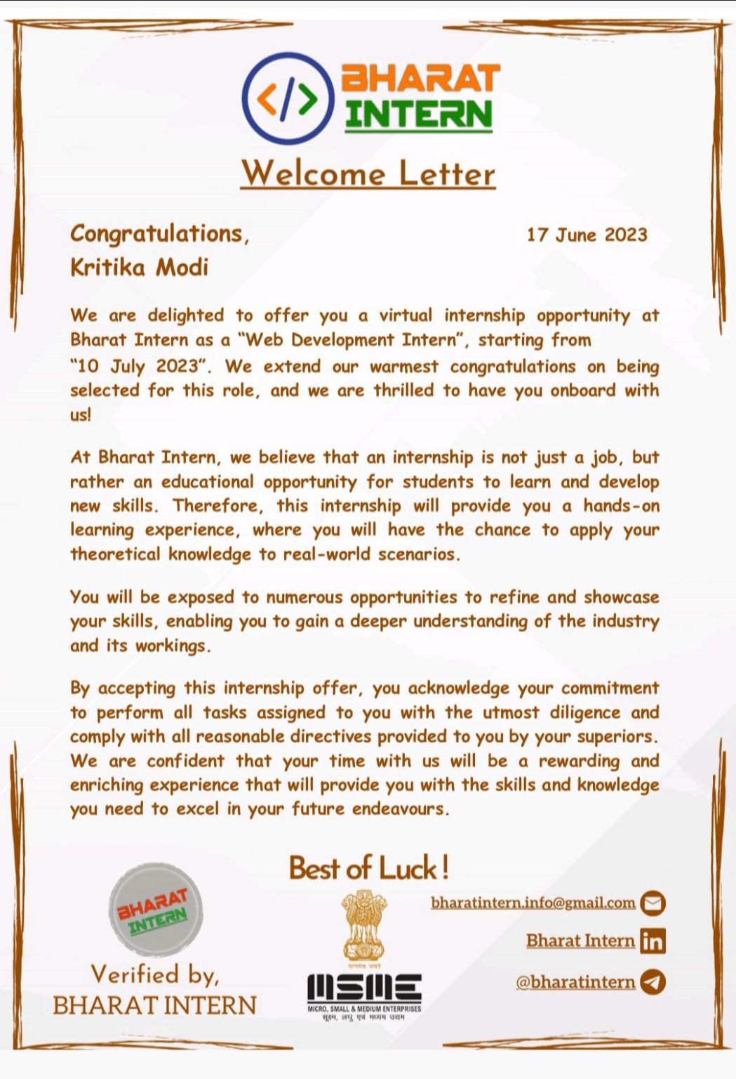 Honored to be welcomed into the Bharat Intern family! | Kritika Modi Honored to be welcomed into the Bharat Intern family! | Kritika Modi