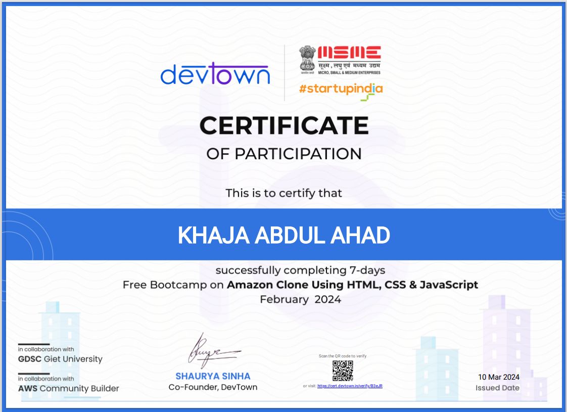 Completed DevTown bootcamp on HTML, CSS, JavaScript | Khaja Abdul Ahad ... Completed DevTown bootcamp on HTML, CSS, JavaScript | Khaja Abdul Ahad ...