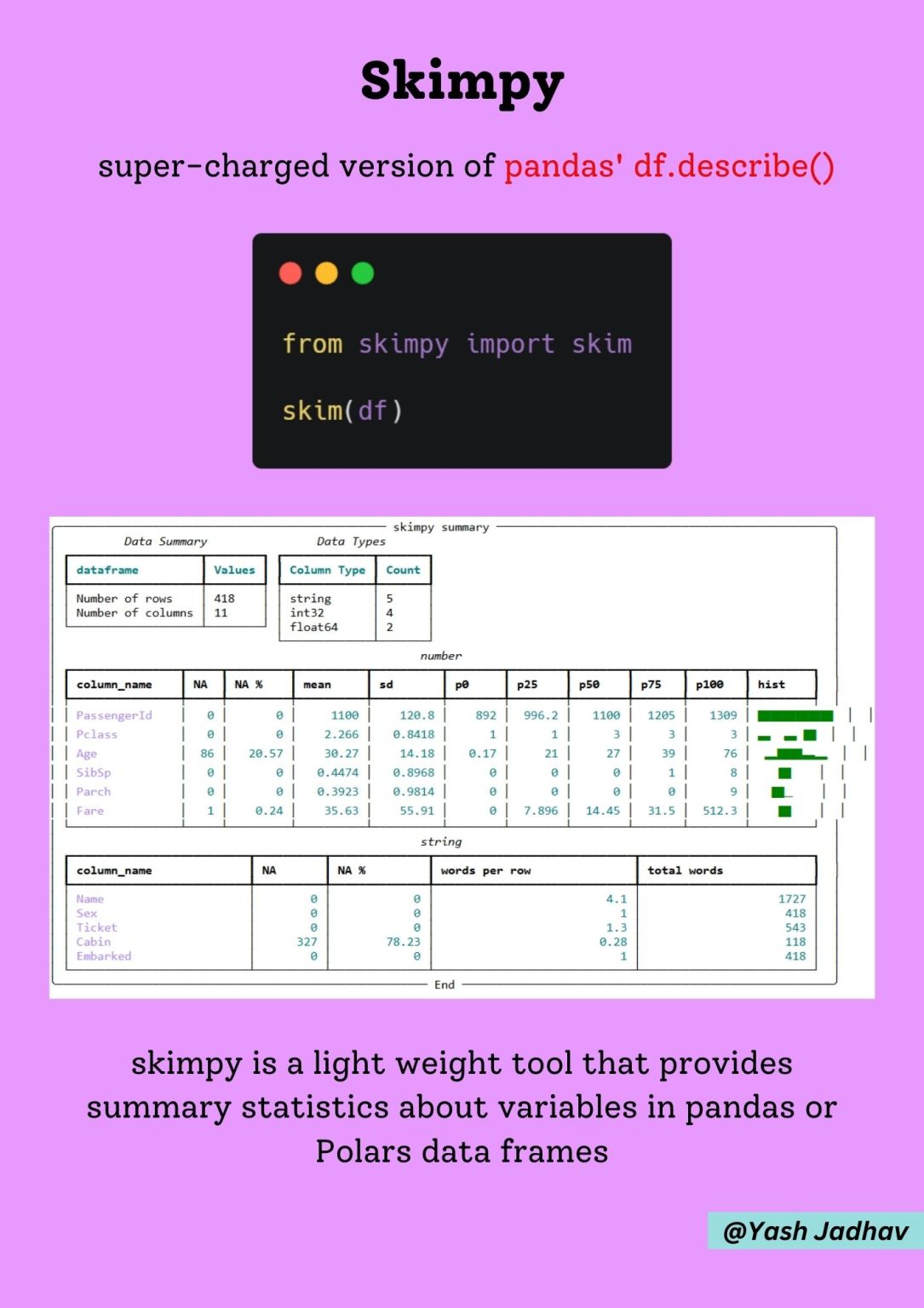 #python #datascience #machinelearning #pythonlibrary #skimpy… | Yash Jadhav #python #datascience #machinelearning #pythonlibrary #skimpy… | Yash Jadhav