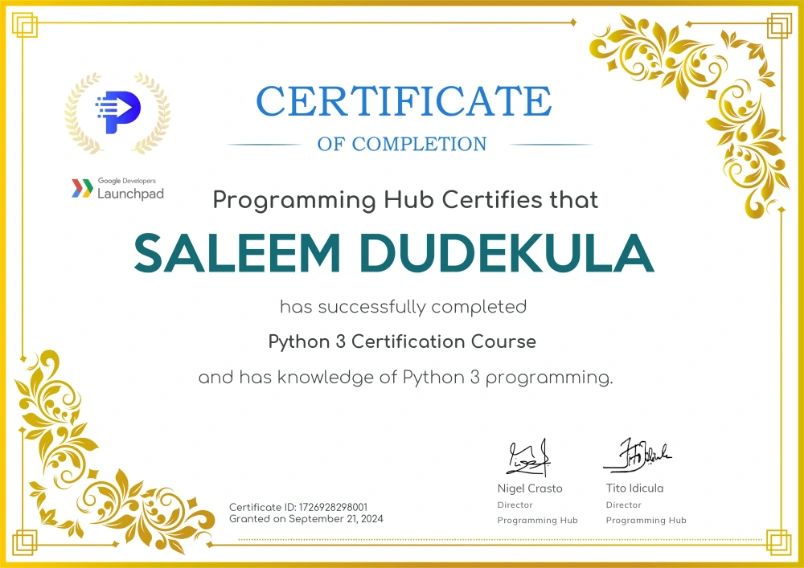Completed Python 3 course by Programming Hub | SALEEM DUDEKULA posted ... Completed Python 3 course by Programming Hub | SALEEM DUDEKULA posted ...