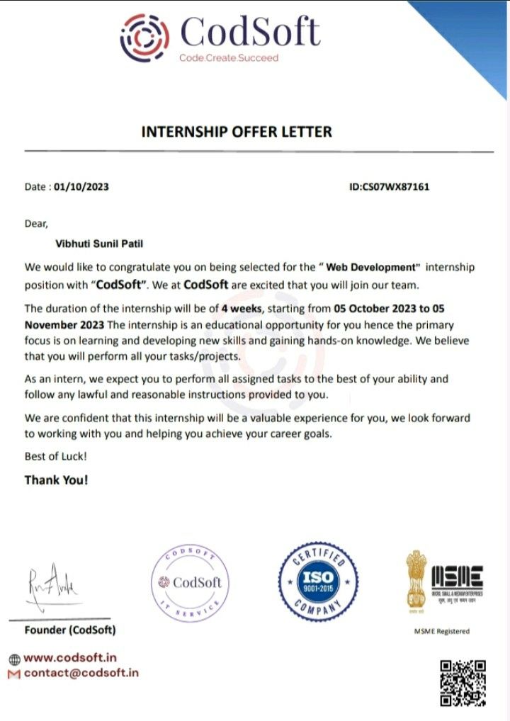 Vibhuti Patil on LinkedIn: #codsoft #internship #webdevelopment #intern Vibhuti Patil on LinkedIn: #codsoft #internship #webdevelopment #intern