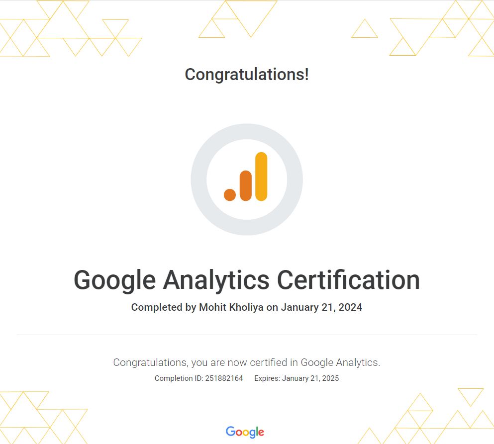 Finished Google Analytics course! | Mohit Kholiya posted on the topic ... Finished Google Analytics course! | Mohit Kholiya posted on the topic ...