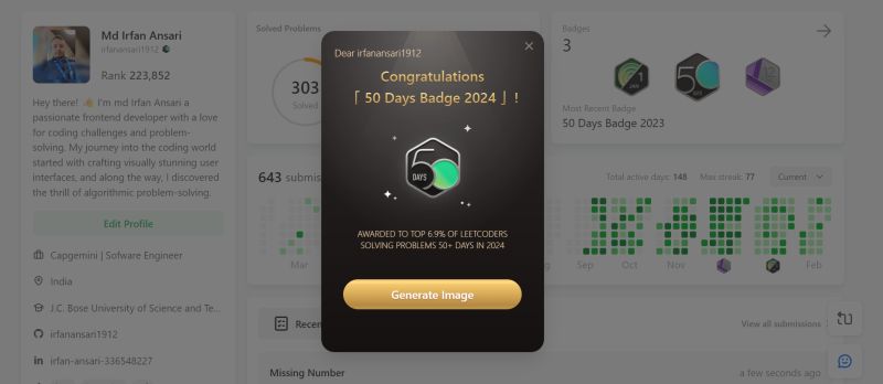 Passed 50 Days Badge with LeetCode | Irfan Ansari posted on the topic ... Passed 50 Days Badge with LeetCode | Irfan Ansari posted on the topic ...