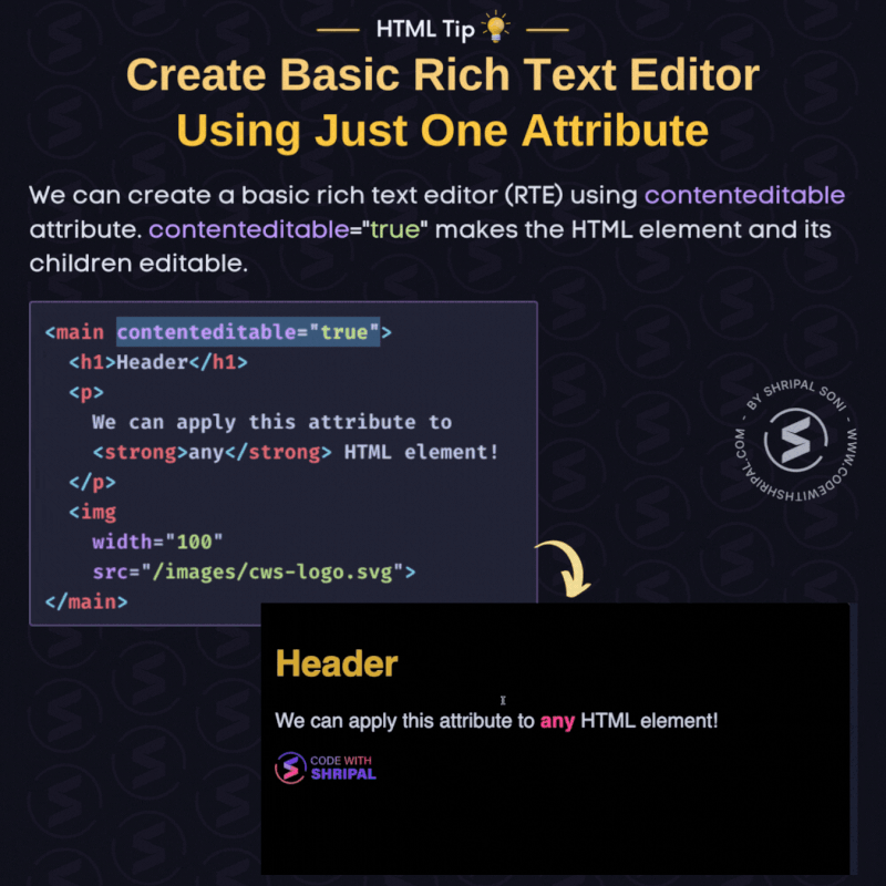 Shripal Soni on LinkedIn: HTML Tip 💡 Create a basic rich text editor ... Shripal Soni on LinkedIn: HTML Tip 💡 Create a basic rich text editor ...