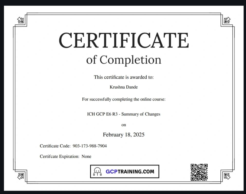 ICH GCP E6 R3 Certificate Completion | Krushna Dande ICH GCP E6 R3 Certificate Completion | Krushna Dande