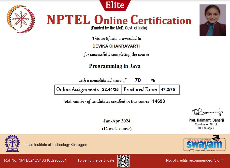Devika Chakravarti on LinkedIn: #javaprogramming #nptel #certification ... Devika Chakravarti on LinkedIn: #javaprogramming #nptel #certification ...