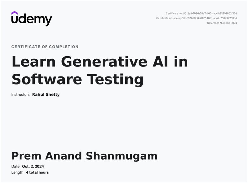 Prem Anand Shanmugam on LinkedIn: #ai #softwaretesting #udemy Prem Anand Shanmugam on LinkedIn: #ai #softwaretesting #udemy