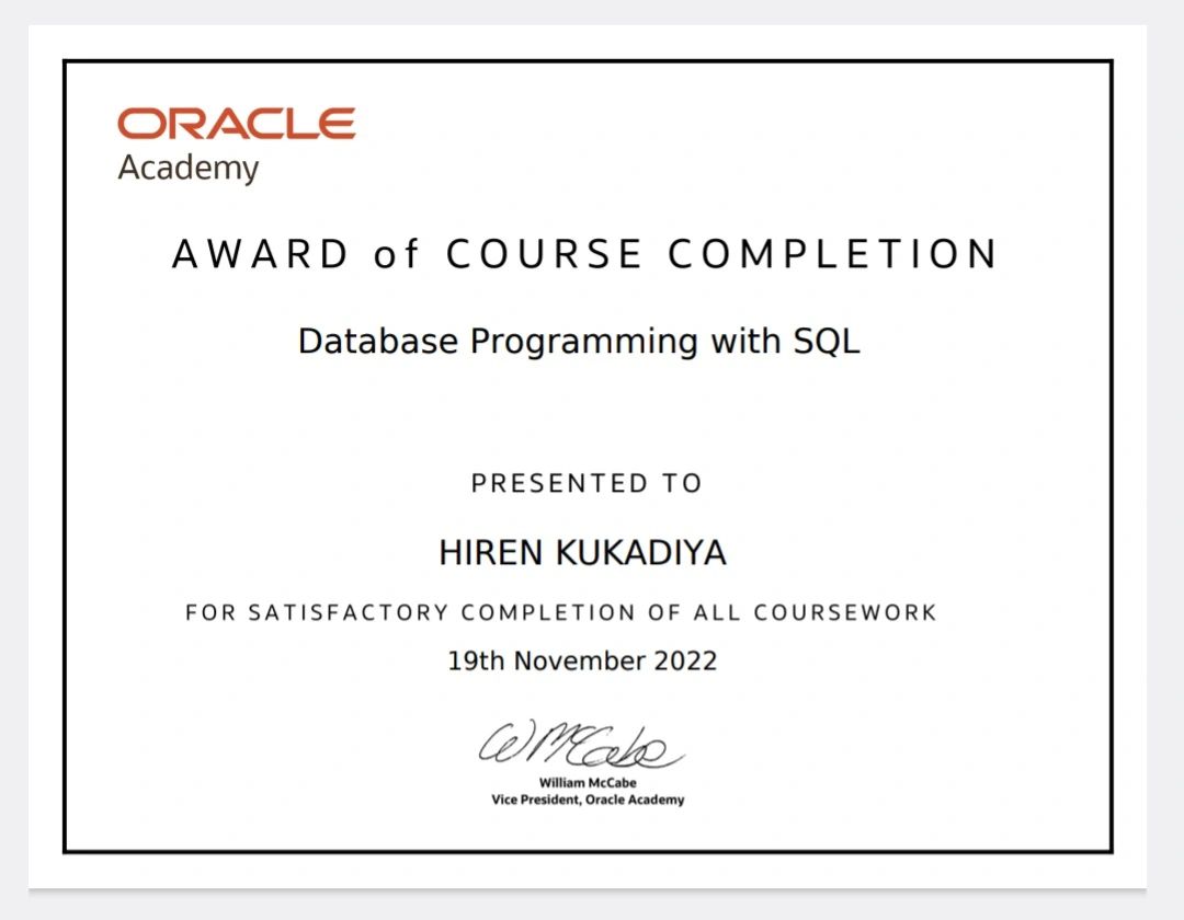 Completed Oracle Academy's Database Programming with SQL | Hiren ... Completed Oracle Academy's Database Programming with SQL | Hiren ...