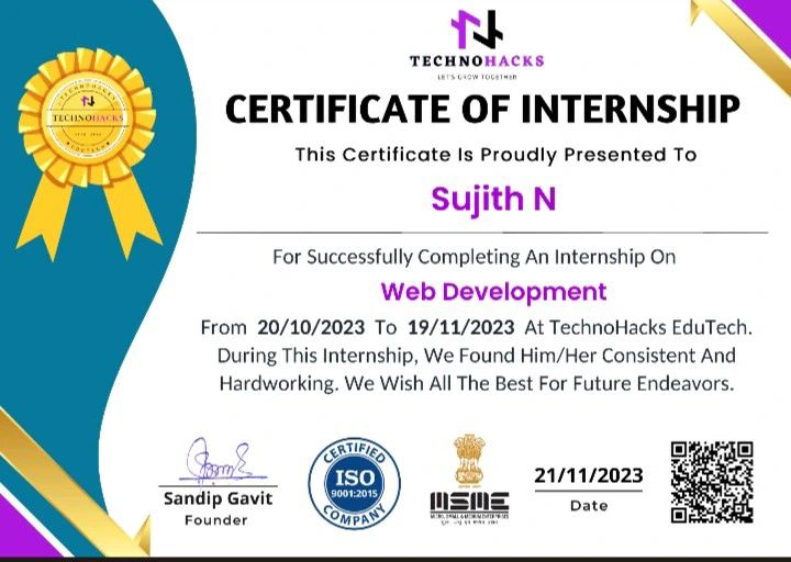 Sujith N on LinkedIn: #technohacks #internship Sujith N on LinkedIn: #technohacks #internship