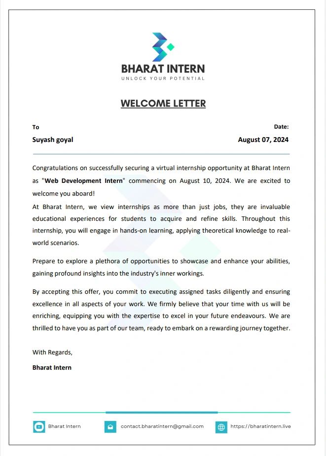 Suyash Goyal on LinkedIn: #internship #intern #bharatintern Suyash Goyal on LinkedIn: #internship #intern #bharatintern