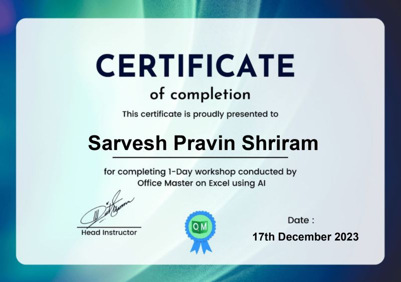 Completed Excel workshop by Office Masters | Sarvesh Shriram posted on ... Completed Excel workshop by Office Masters | Sarvesh Shriram posted on ...