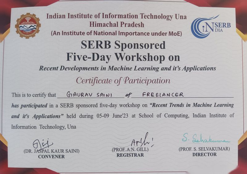 Gaurav Saini on LinkedIn: #machinelearning #workshopcertificate #serb # ... Gaurav Saini on LinkedIn: #machinelearning #workshopcertificate #serb # ...