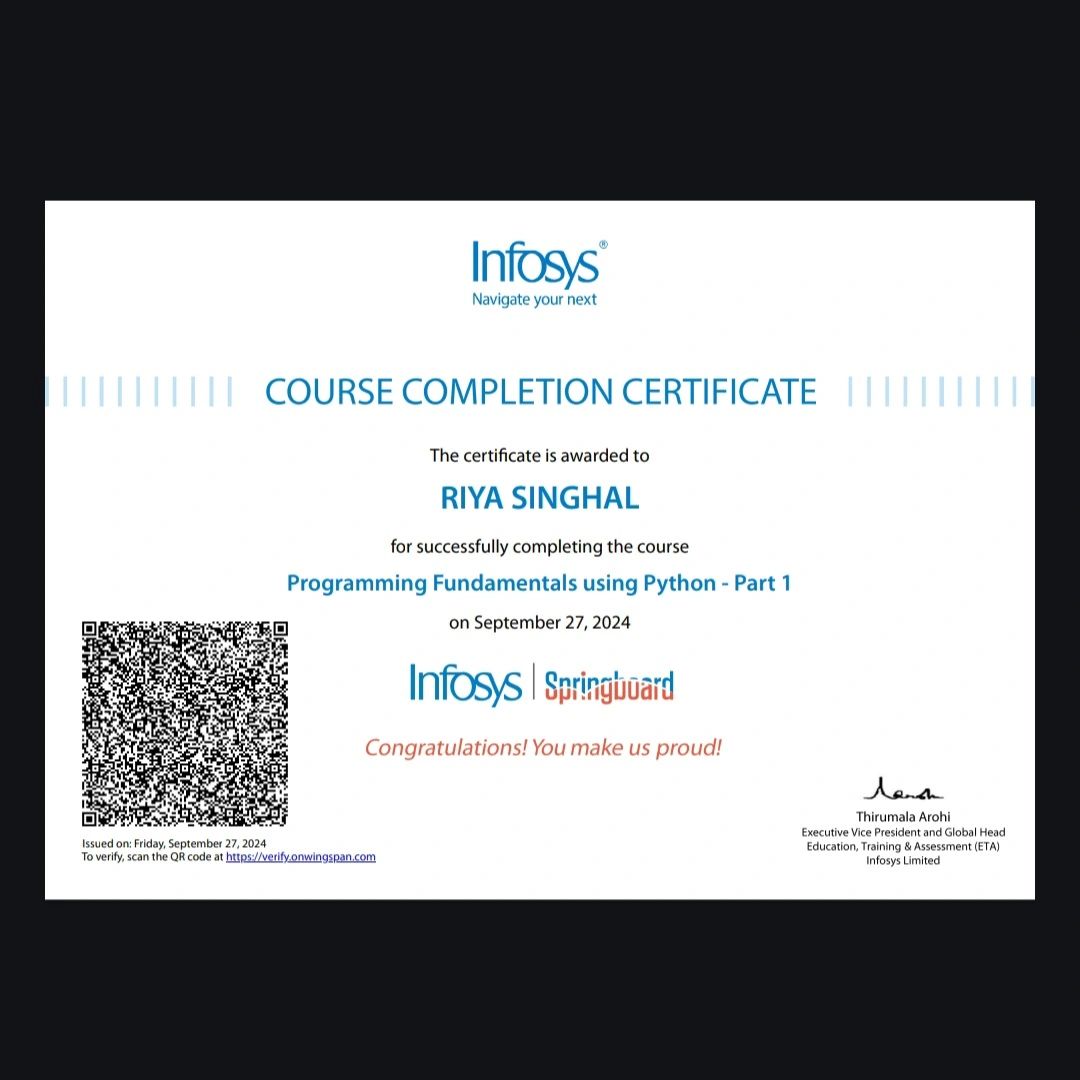 Completed Infosys PROGRAMMING FUNDAMENTALS using PYTHON course… | Riya ... Completed Infosys PROGRAMMING FUNDAMENTALS using PYTHON course… | Riya ...