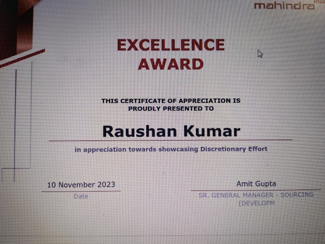 Raushan Kumar on LinkedIn: #excellence #certificate #kudos # ... Raushan Kumar on LinkedIn: #excellence #certificate #kudos # ...