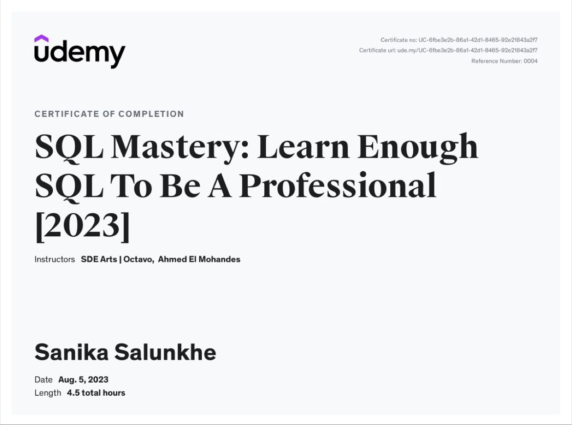 Sanika Salunkhe on LinkedIn: #udemycertified #sql Sanika Salunkhe on LinkedIn: #udemycertified #sql